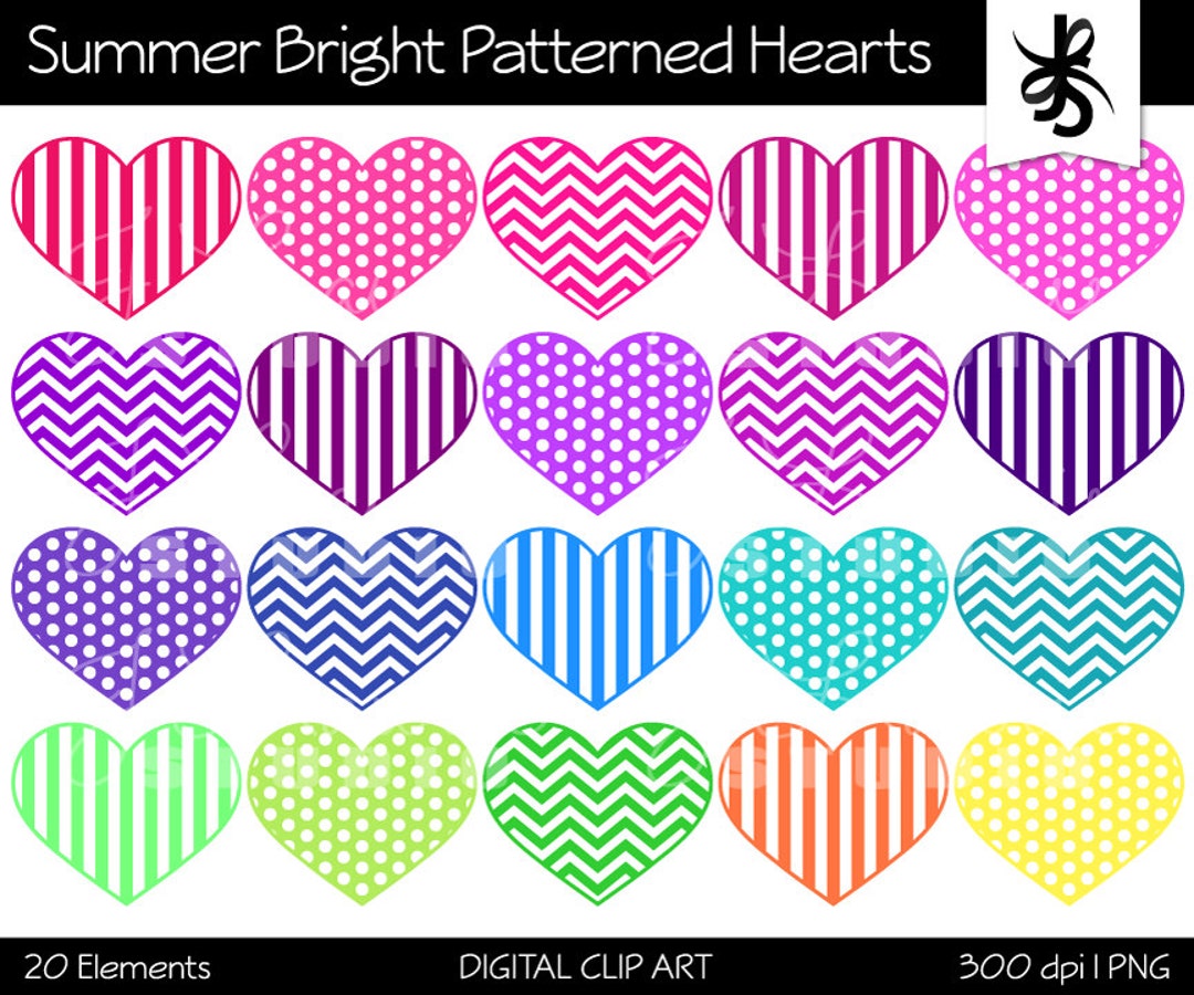 Digital Clipart-patterned Hearts-summer Bright Colors-chevron-stripes ...
