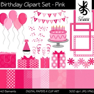 Birthday Clipart & Digital Paper Set-pink-girl-celebration-party ...