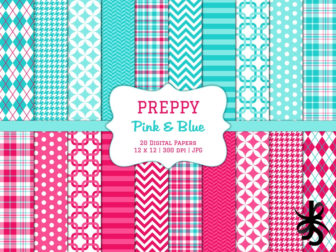 Preppy Pink and Blue-digital Scrapbook Papers-commercial Use-robins Egg ...