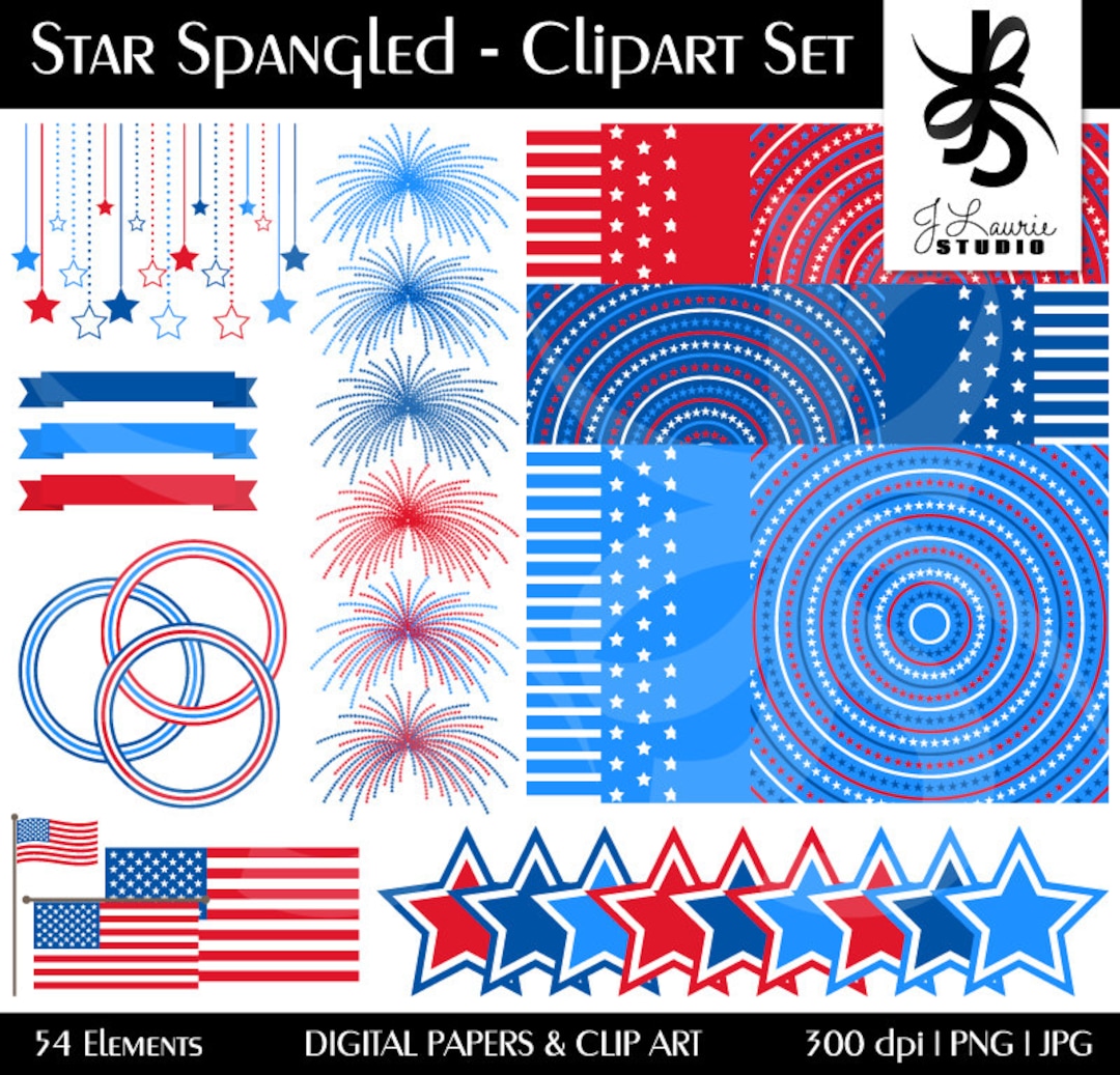 Digital Clipart & Papers-star Spangled Set-scrapbooking Kit-4th of July ...