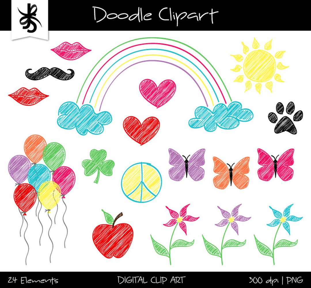 Digital Doodle Clipart-scribble Graphics-doodle Hearts-mustache-rainbow ...