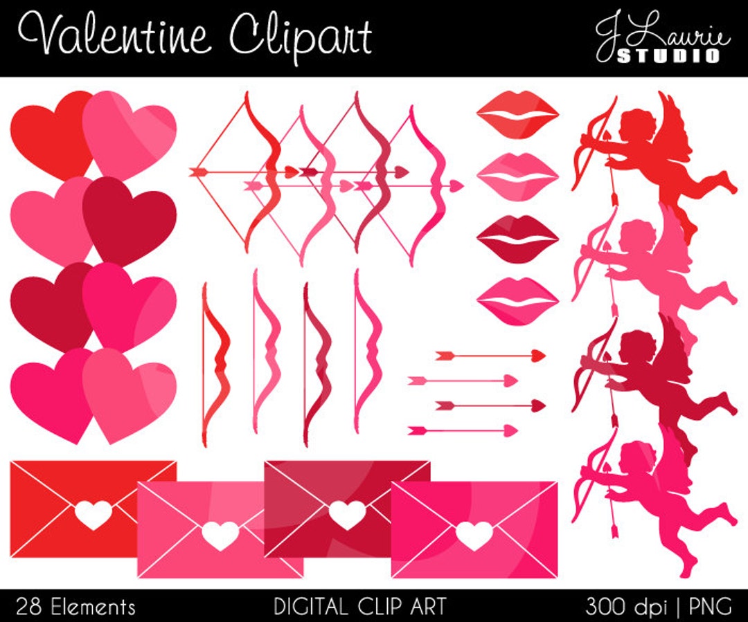 Digital Clipart-valentine Clip Art-cupid-bow and Arrow-hearts-kisses ...