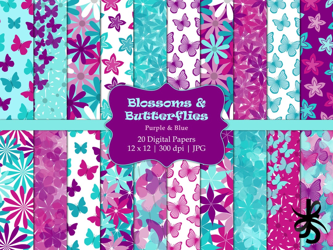 Blossoms and Butterflies-digital Scrapbook Papers-commercial Use-purple ...