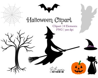 Halloween Vector Silhouette Clip Art Raven Witch Black Cat - Etsy