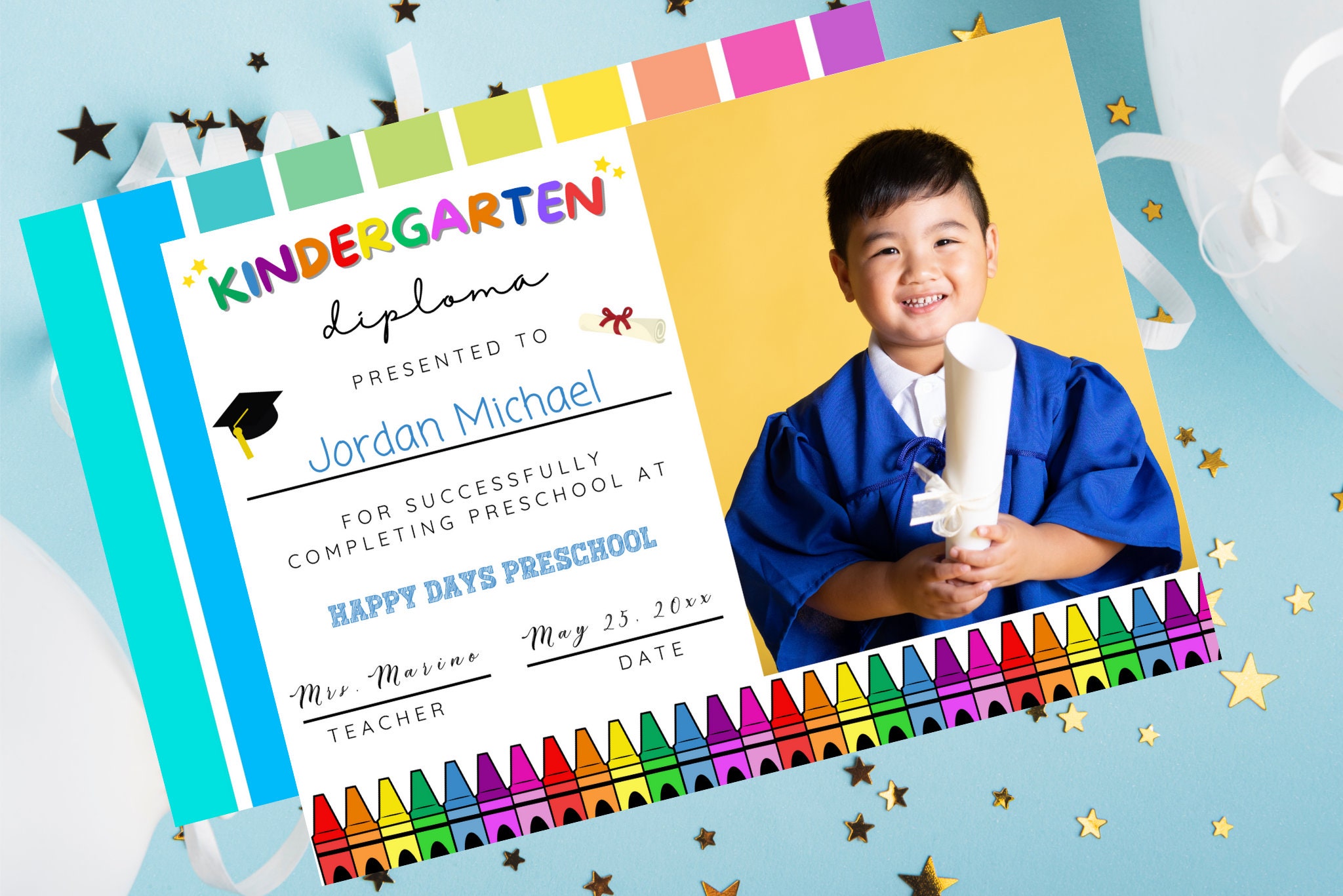 Kindergarten Graduation Diploma Photo Certificate, Editable Teacher ...