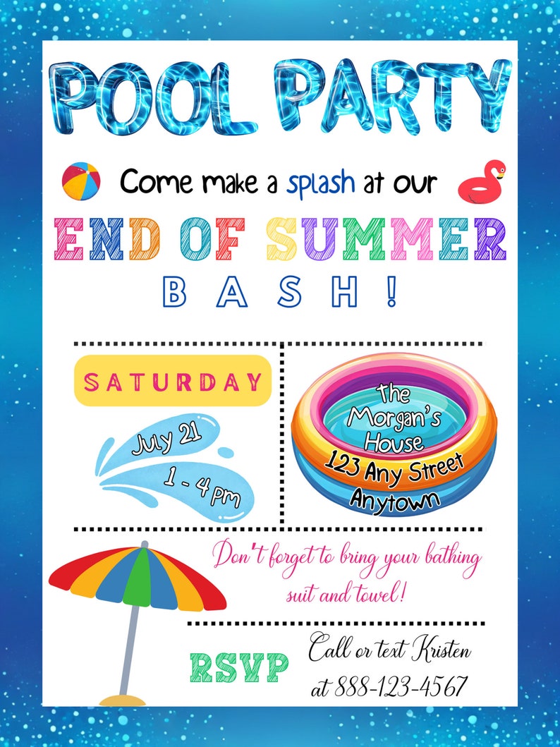 End of Summer Pool Party Bash Invitation, Back to School Kids Swim ...