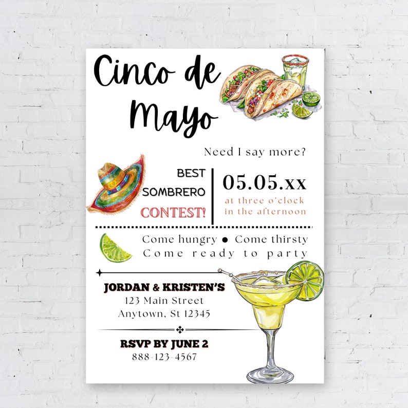 Cinco De Mayo Party Invitation Template, Fiesta Invite, Margarita ...