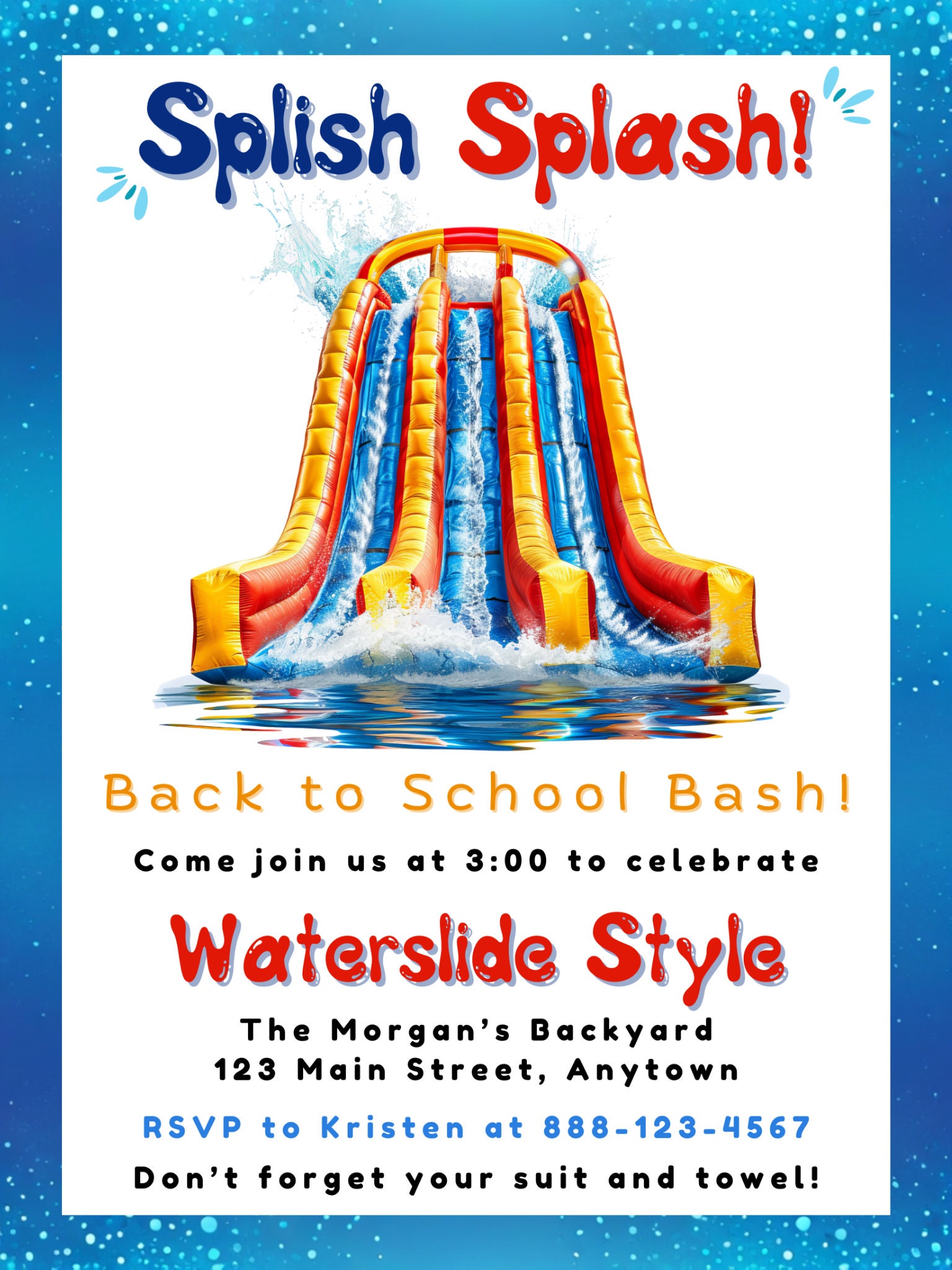 Back to School Waterslide Pool Party Invitation Template, Editable ...