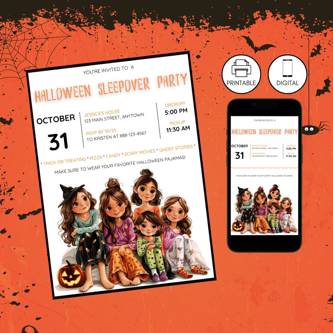 Halloween Sleepover Pajama Party Invitation Template, Girls Friends ...