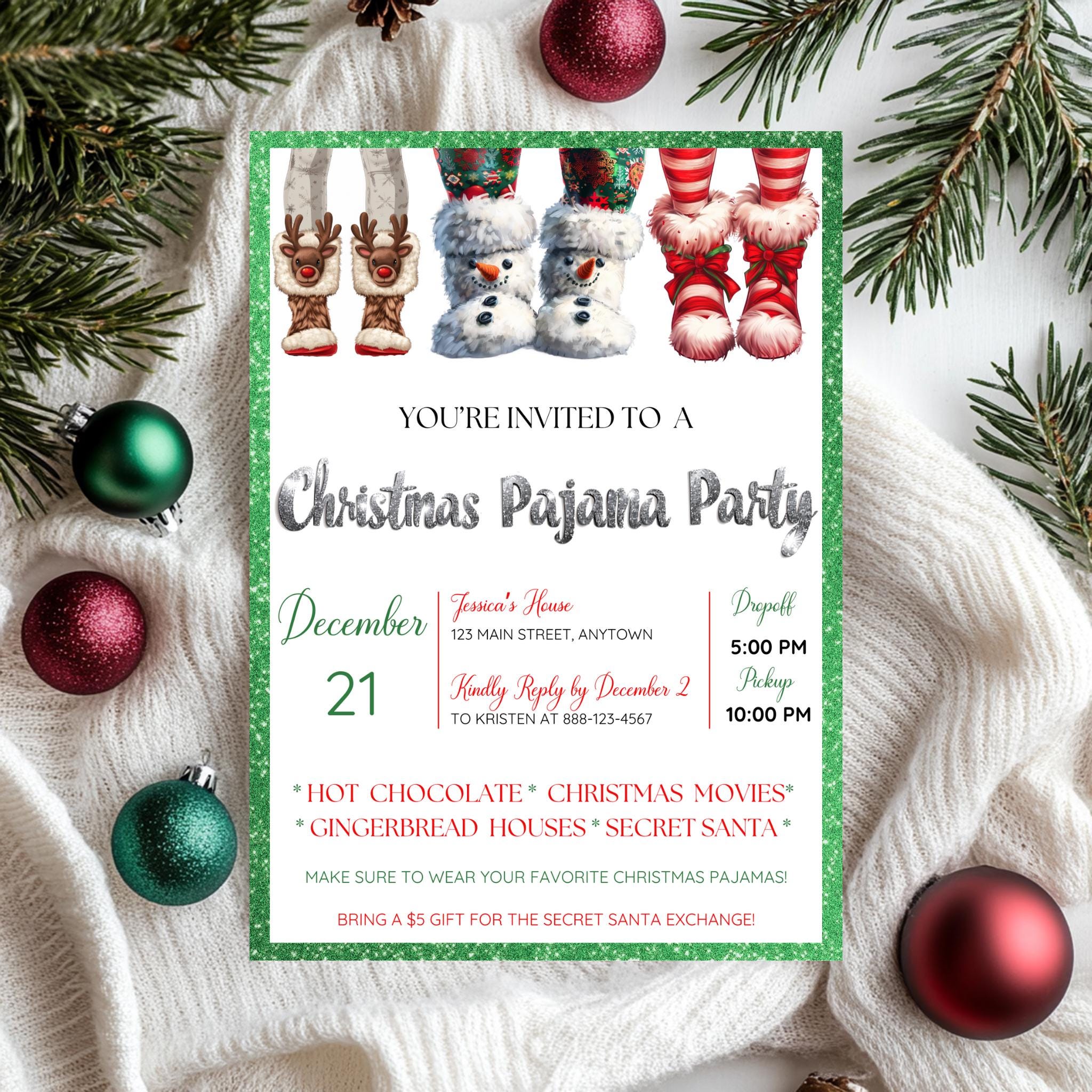 Christmas Pajama Party Invitation Template, Kid Holiday PJ Invite ...