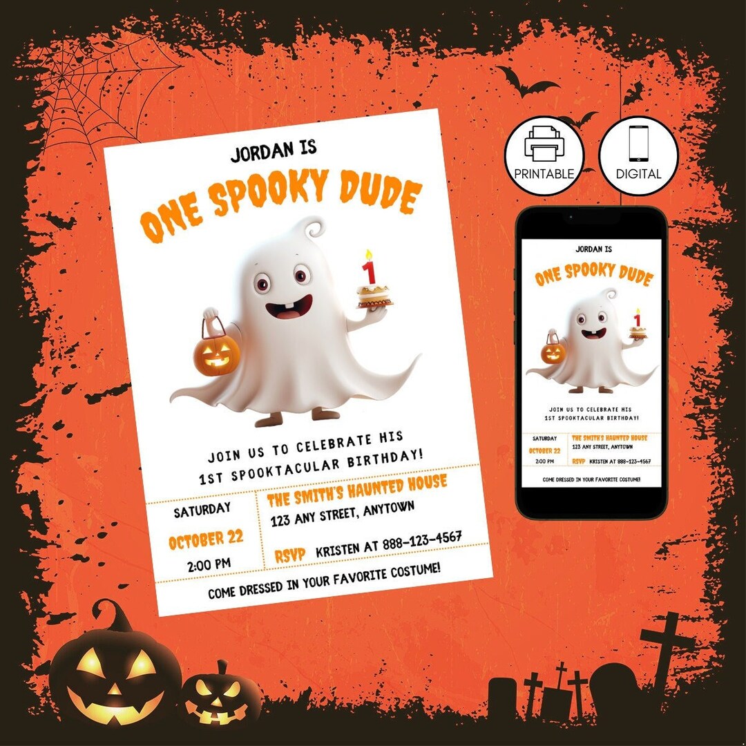 First Birthday Ghost Halloween Invitation Template, One Spooky Dude ...