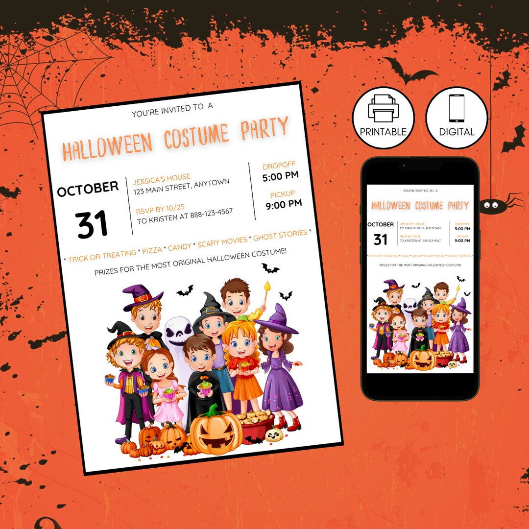 Halloween Kids Costume Party Invitation Template, Children Let's Get ...