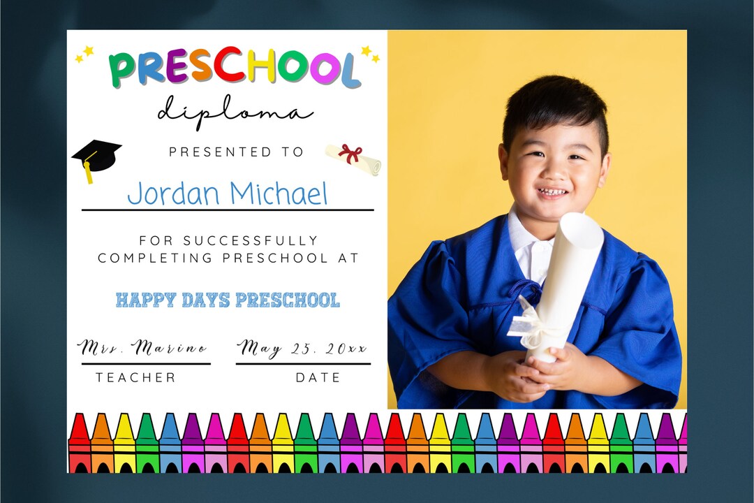 Preschool Graduation Diploma Photo Certificate, Editable Teacher ...