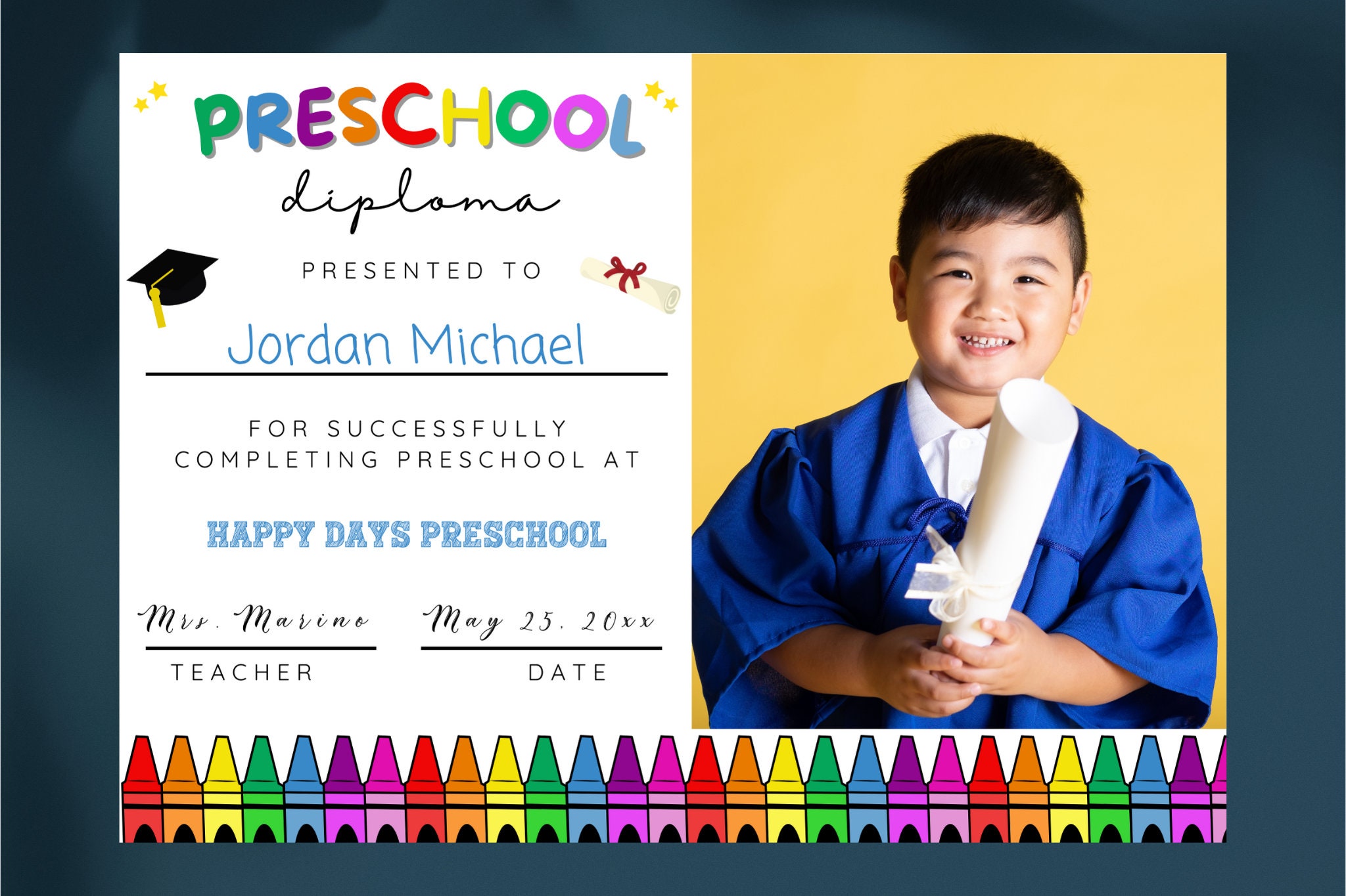 Preschool Graduation Diploma Photo Certificate, Editable Teacher ...