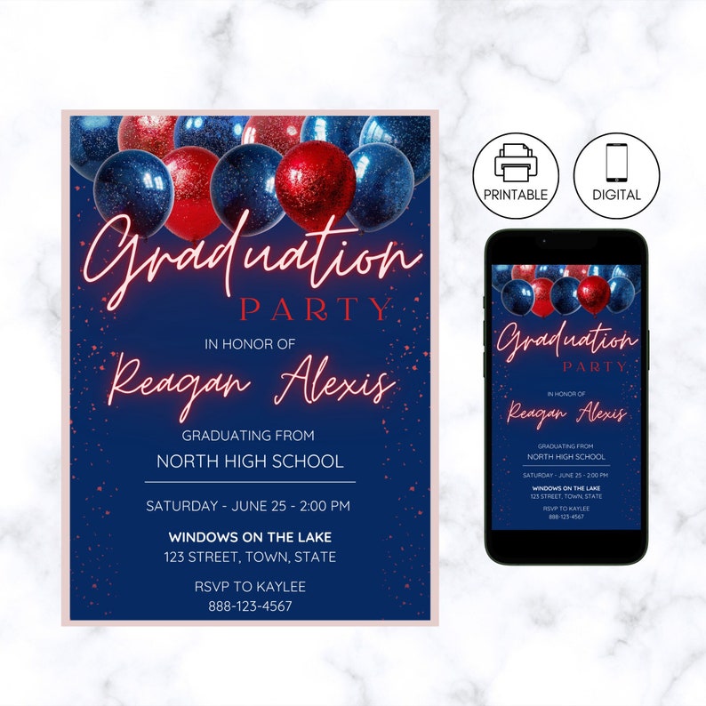 Navy Blue & Red Graduation Invite | Grad Announcement | Grad Party ...