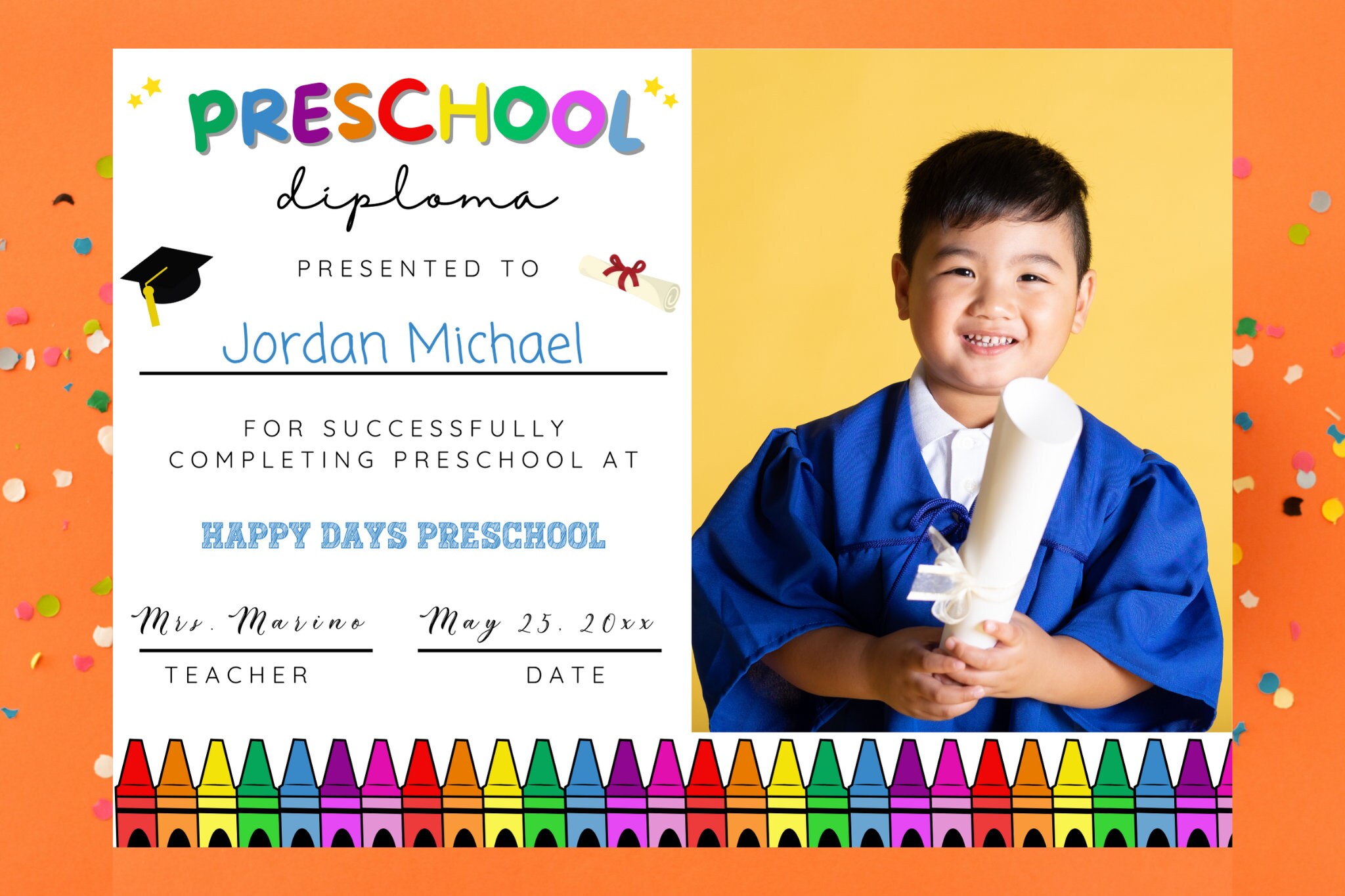 Preschool Graduation Diploma Photo Certificate, Editable Teacher ...
