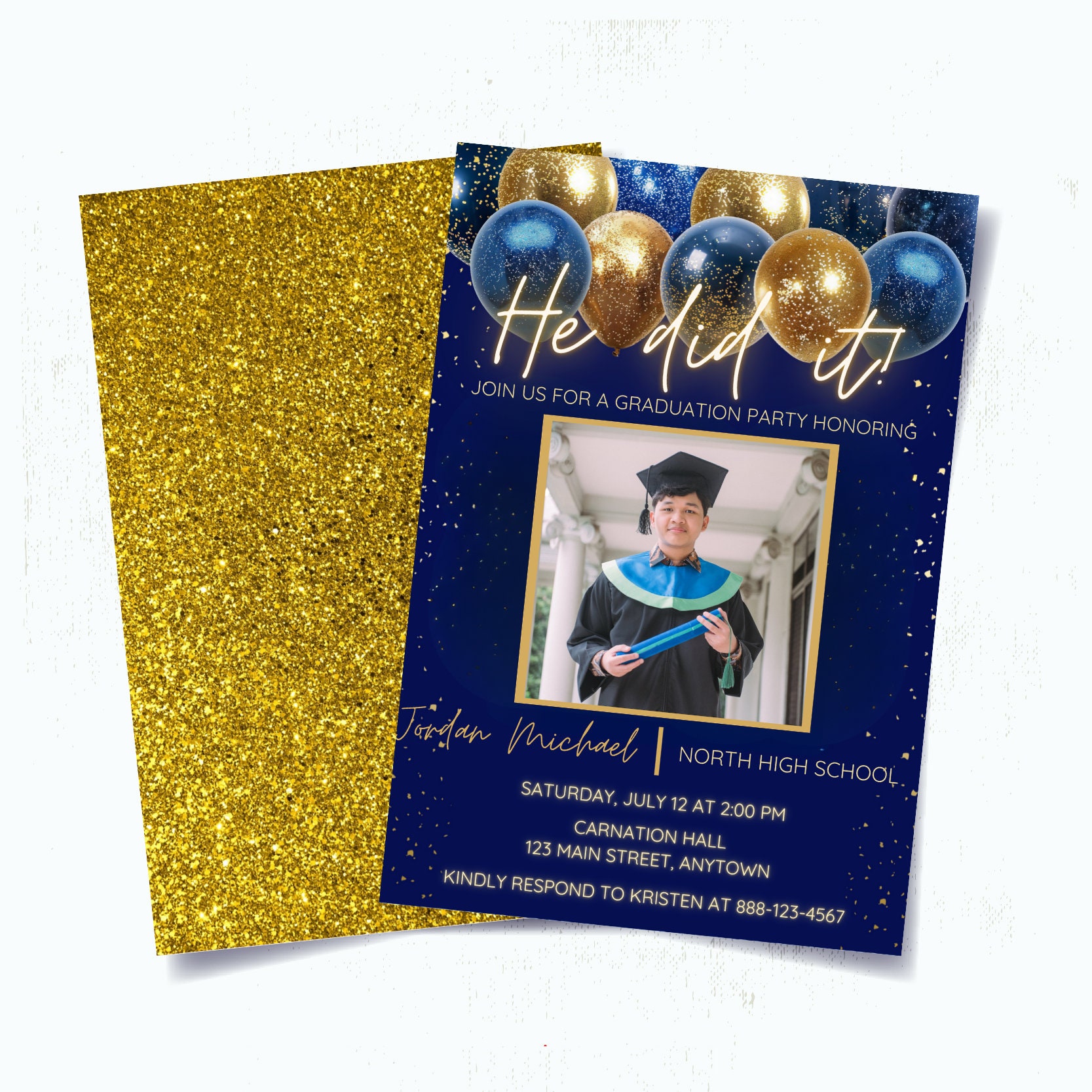 Graduation Photo Party Invitation Template, Blue & Gold Grad Invite, He ...