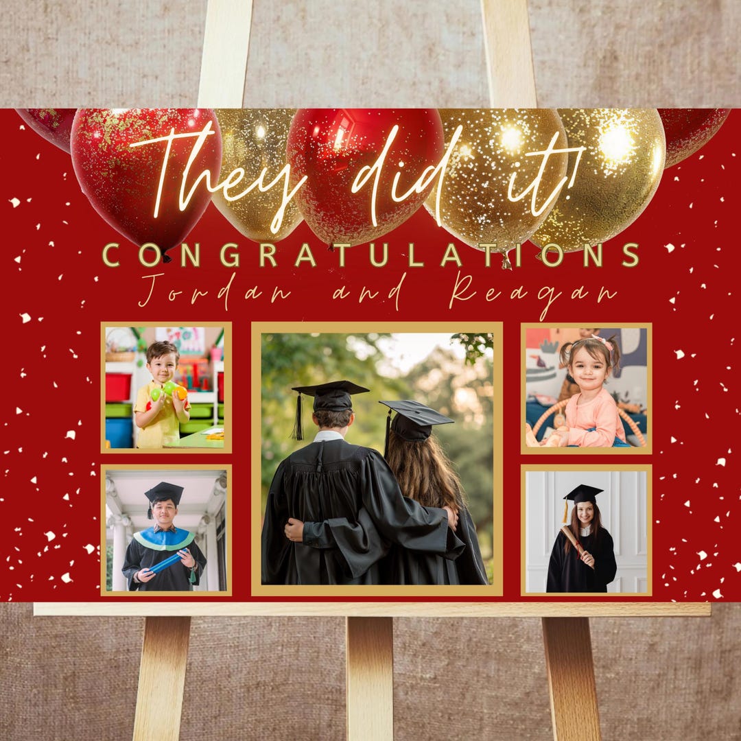 Double Graduation Photo Party Welcome Sign Template, Red & Gold Decor ...