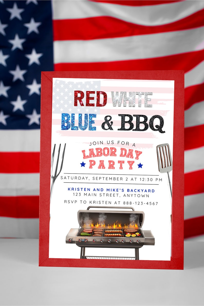 Labor Day BBQ Party Glitter Invitation, Patriotic Red White & Blue ...