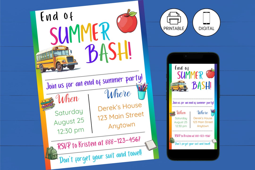 End of Summer Bash Party Invitation, Goodbye Summer Hello School, Back to School Kids ...