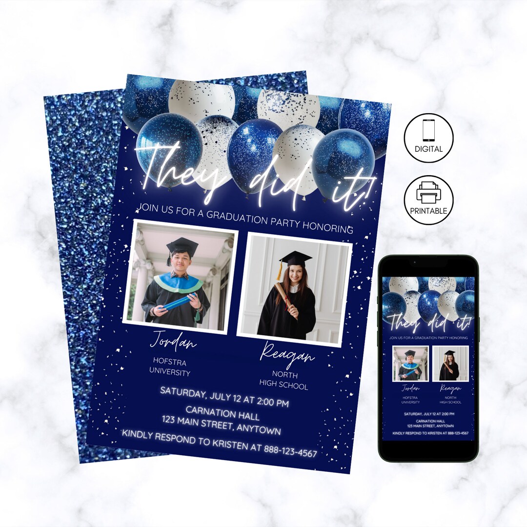 Double Graduation Photo Party Invitation | Editable Template | Blue ...