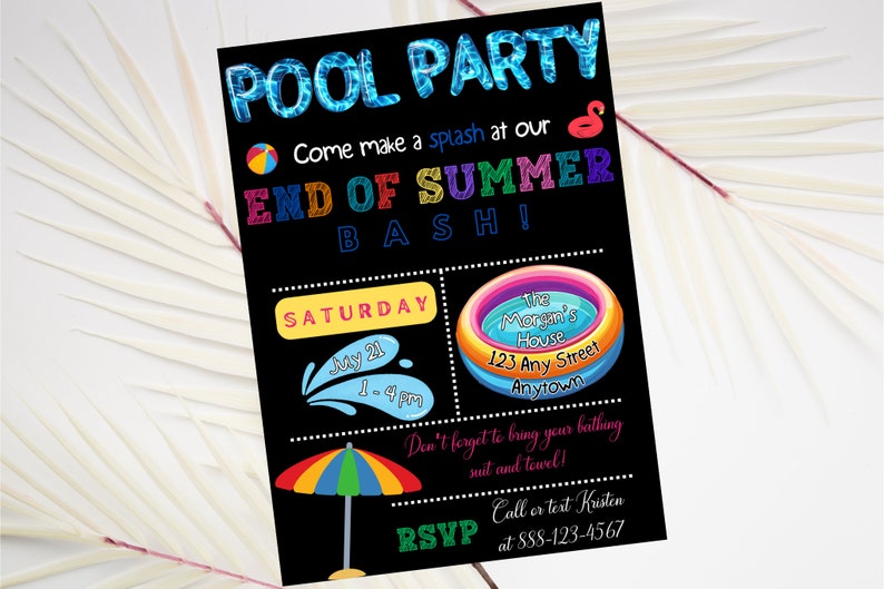 End of Summer Goodbye Pool Party Bash Kids Invitation Template, Back to School Swim Party, Hello ...