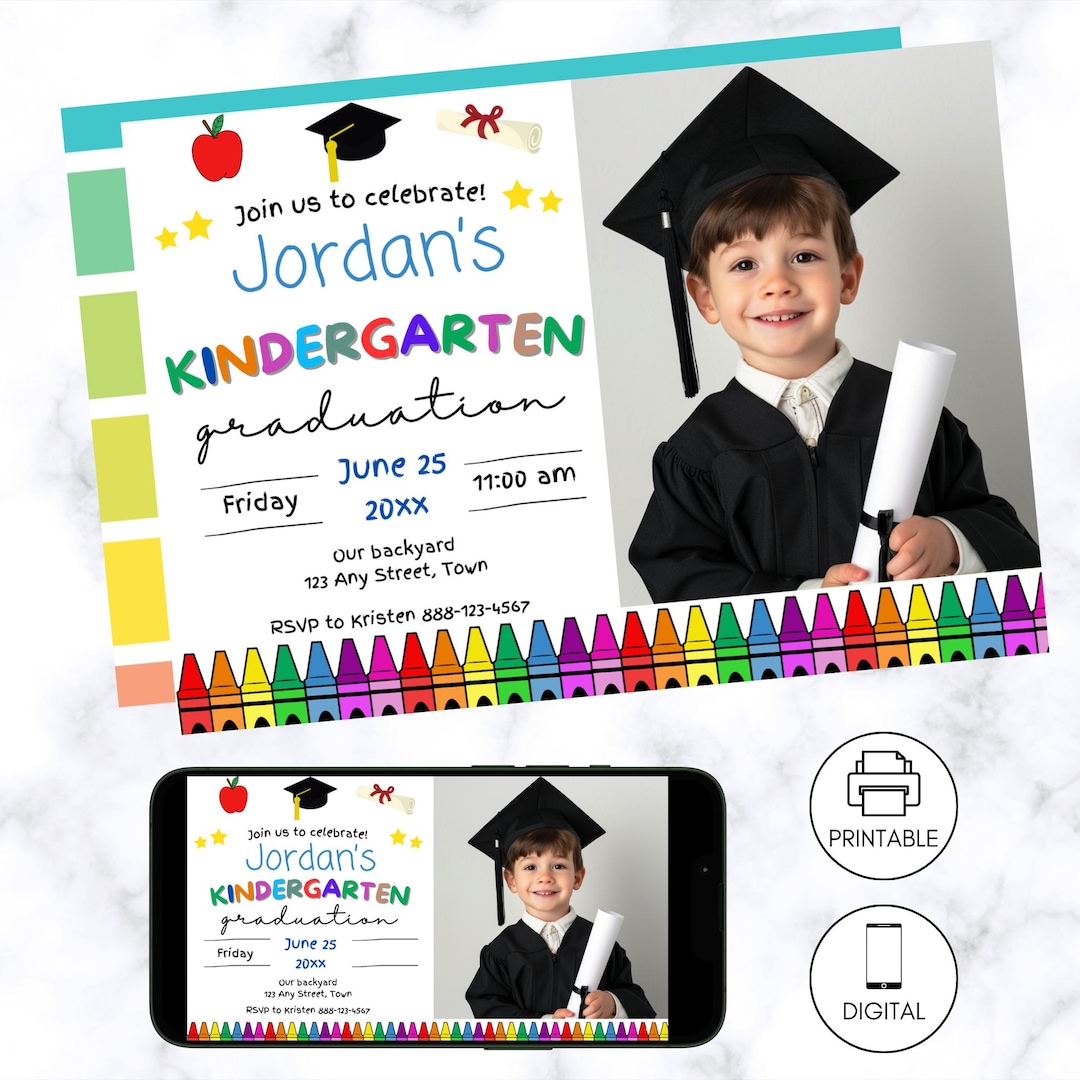 Kindergarten Graduation Photo Invitation Template, First Year Ceremony ...