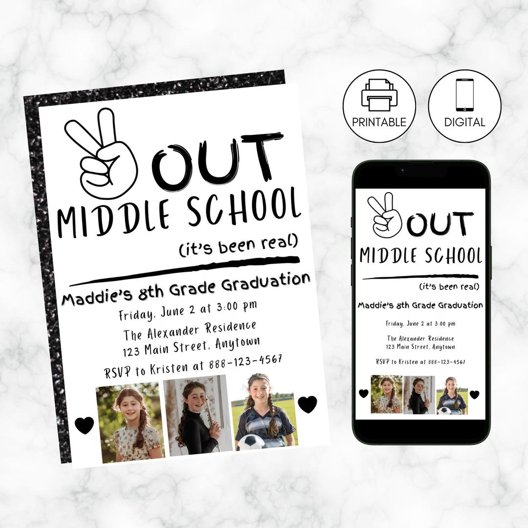 Middle School Graduation Invitation | Peace Out | Editable Party Invite ...