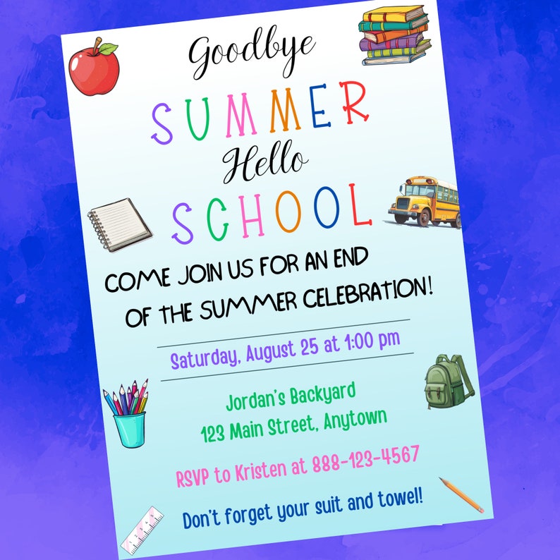Back to School Bash Party Invitation, Goodbye Summer Hello School, Kid ...