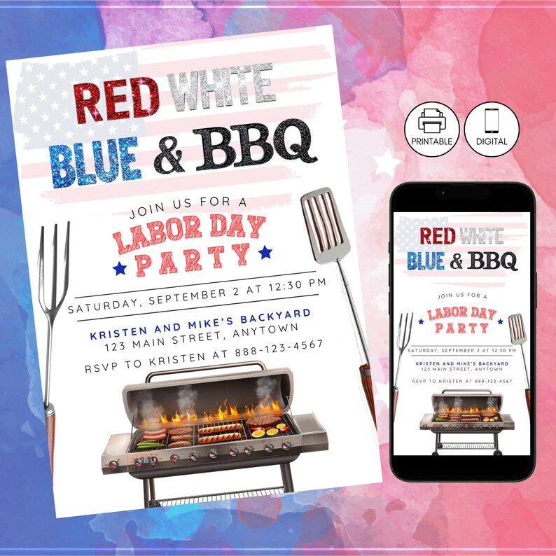 Labor Day BBQ Party Glitter Invitation, Patriotic Red White & Blue ...