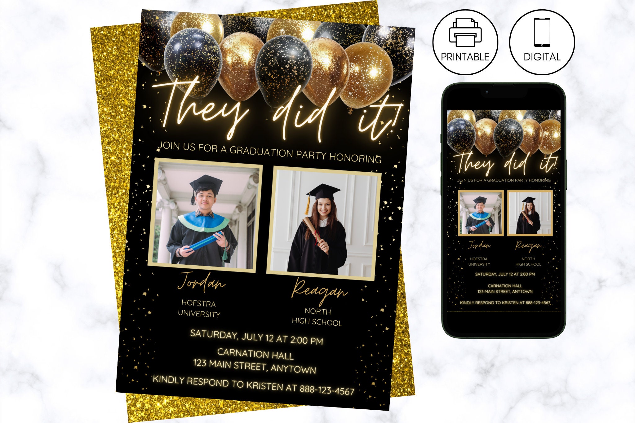 Double Graduation Photo Party Invitation | Editable Template | Gold ...