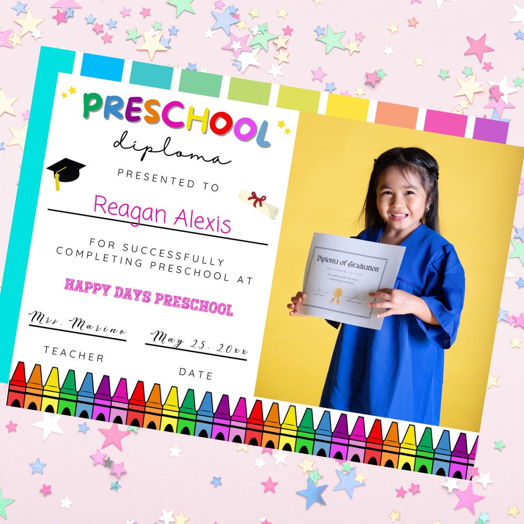 Preschool Graduation Diploma Photo Certificate, Editable Teacher ...