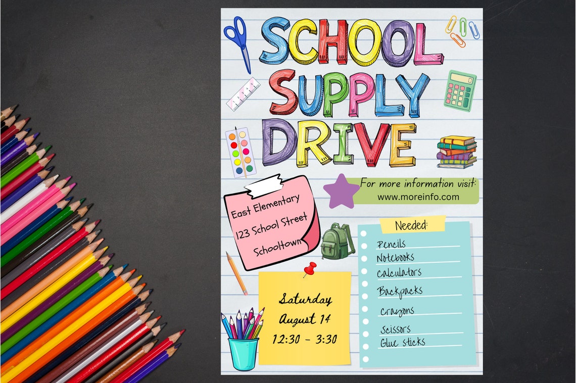 School Supply Drive Flyer Template, School Supplies Fundraiser Poster ...
