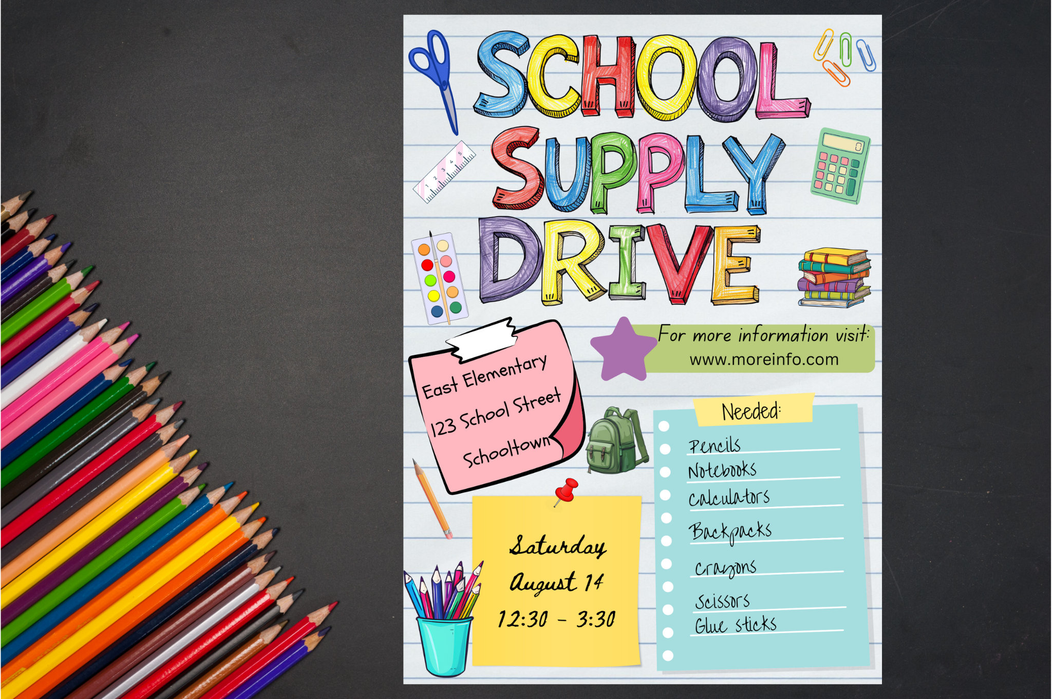 School Supply Drive Flyer Template, School Supplies Fundraiser Poster ...