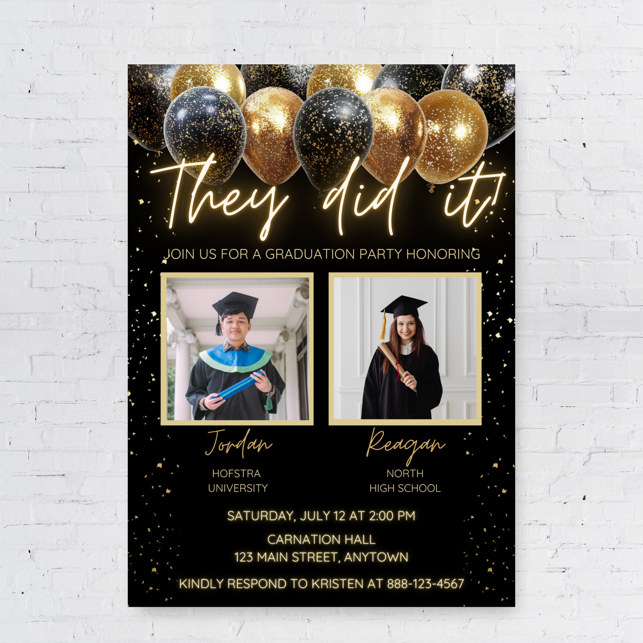 Double Graduation Photo Party Invitation | Editable Template | Gold ...