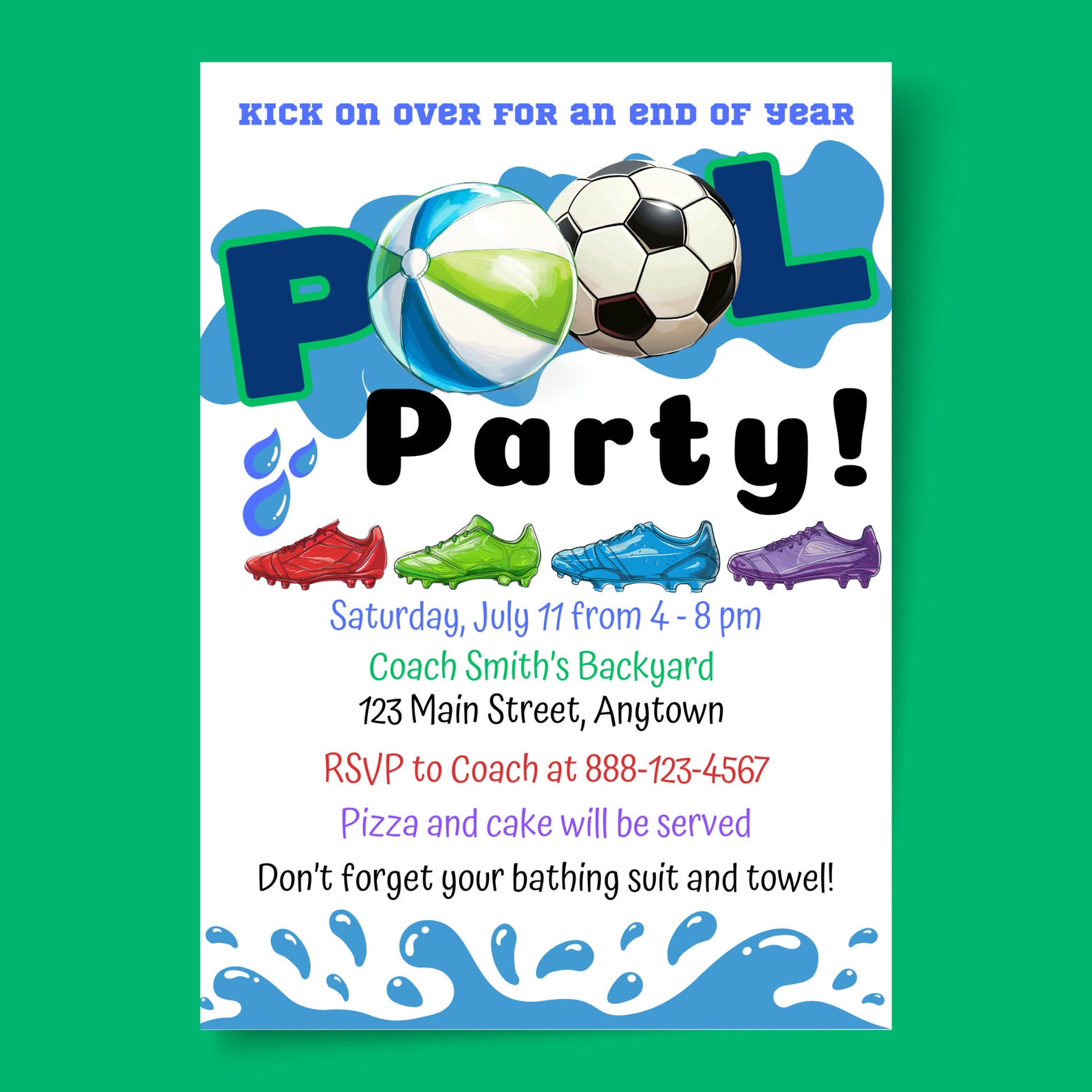 End of Season Soccer Team Pool Party Invitation Template, BBQ ...