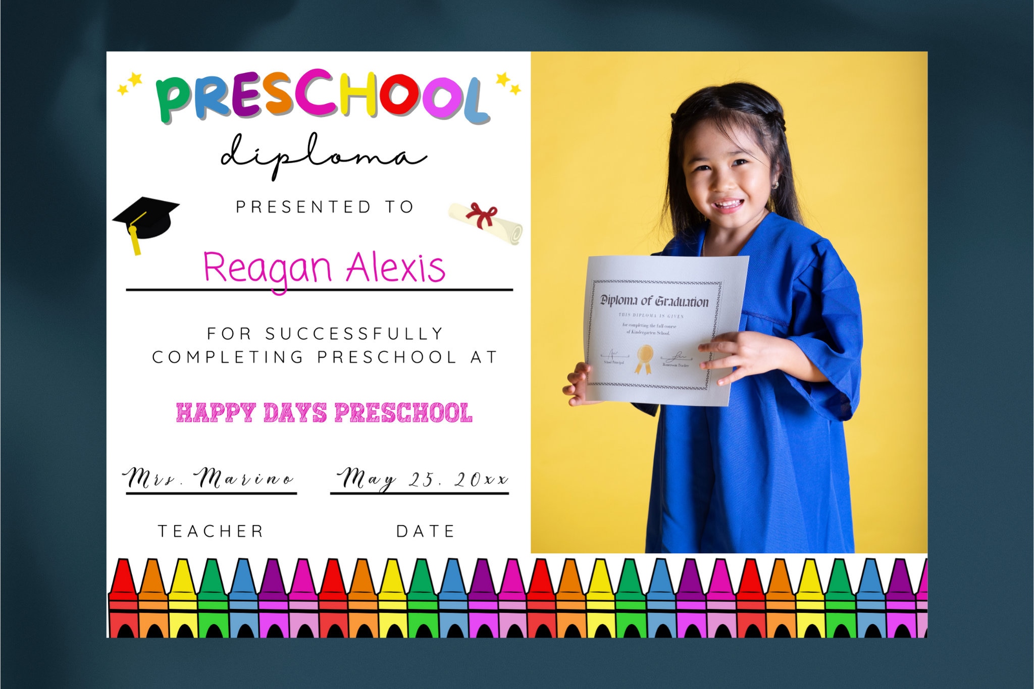 Preschool Graduation Diploma Photo Certificate, Editable Teacher ...