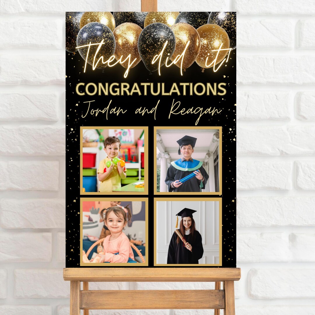 Double Graduation Photo Party Welcome Sign Template, Gold Neon & Black ...