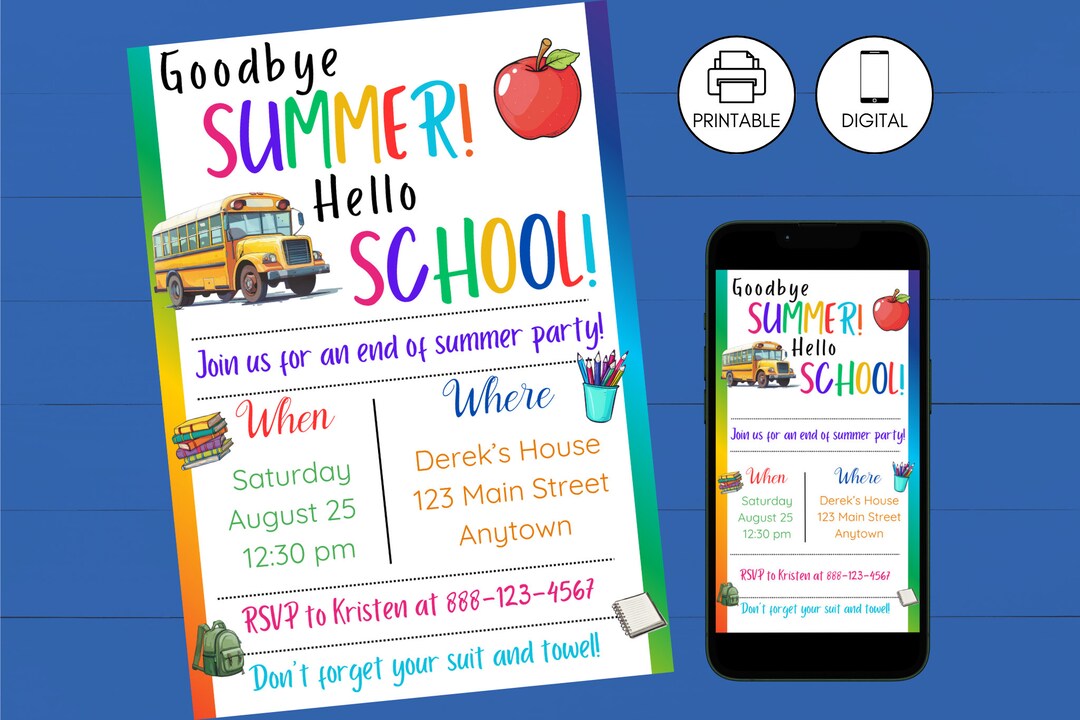 Back to School Bash Party Invitation, Goodbye Summer Hello School, End ...