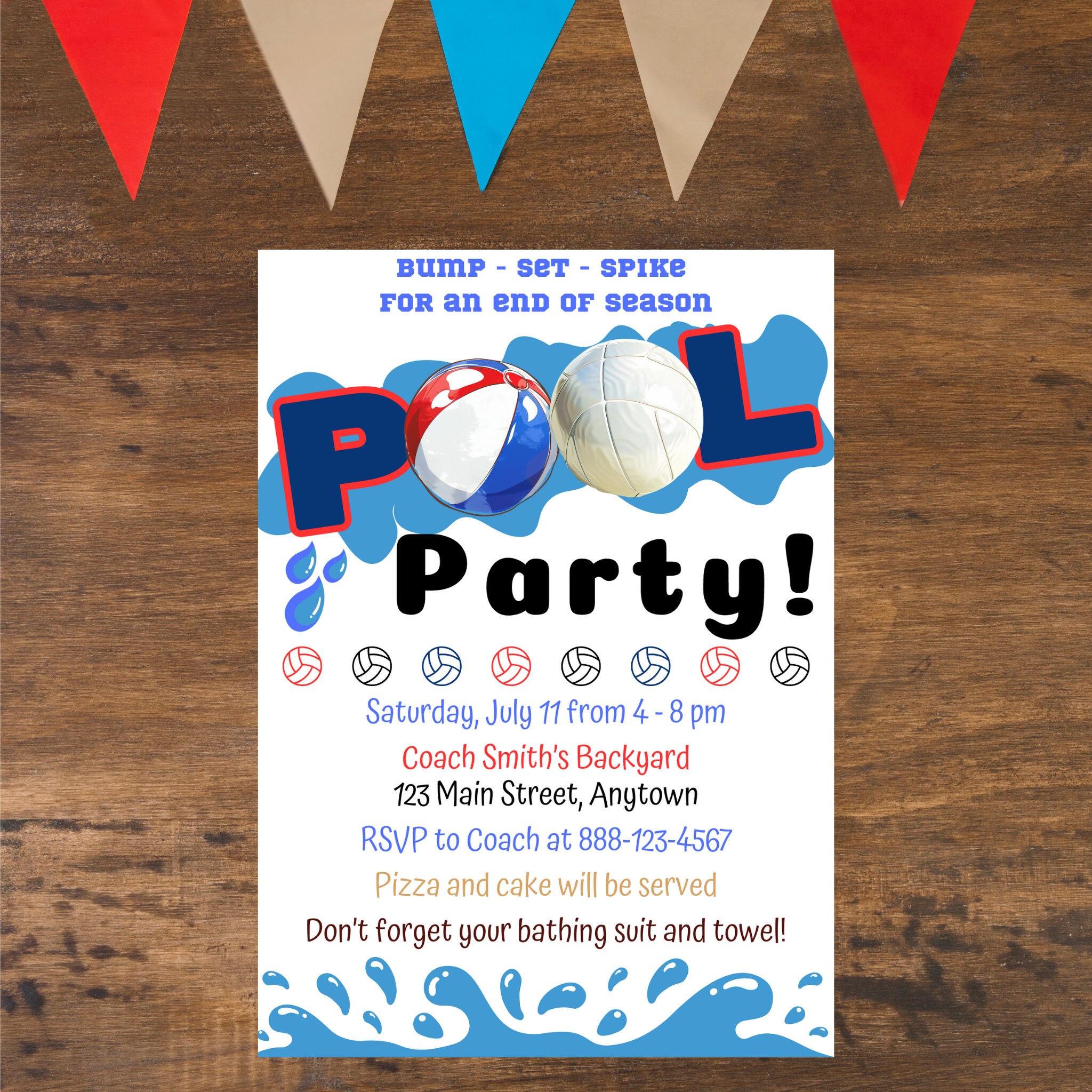 End of Season Volleyball Team Pool Party Invitation Template, BBQ ...