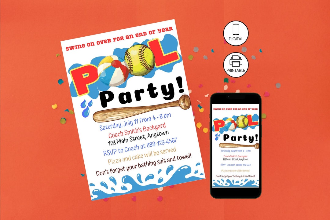 End of Season Softball Team Pool Party Invite | BBQ Celebration ...