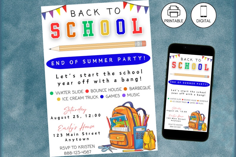 Back to School Bash Party Invitation, Goodbye Summer Hello School, End ...