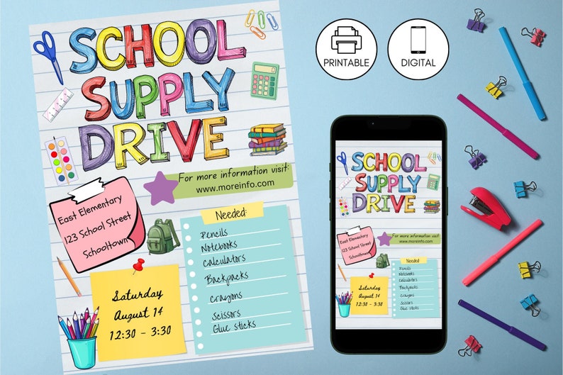 School Supply Drive Flyer Template, School Supplies Fundraiser Poster ...