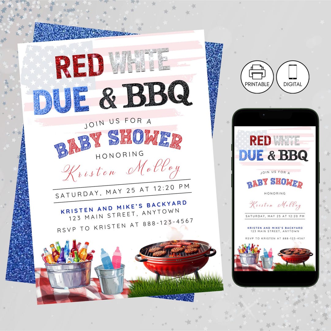 Red White & Due Baby Shower Invitation, 4th of July Bbq Grill, Baby Q ...