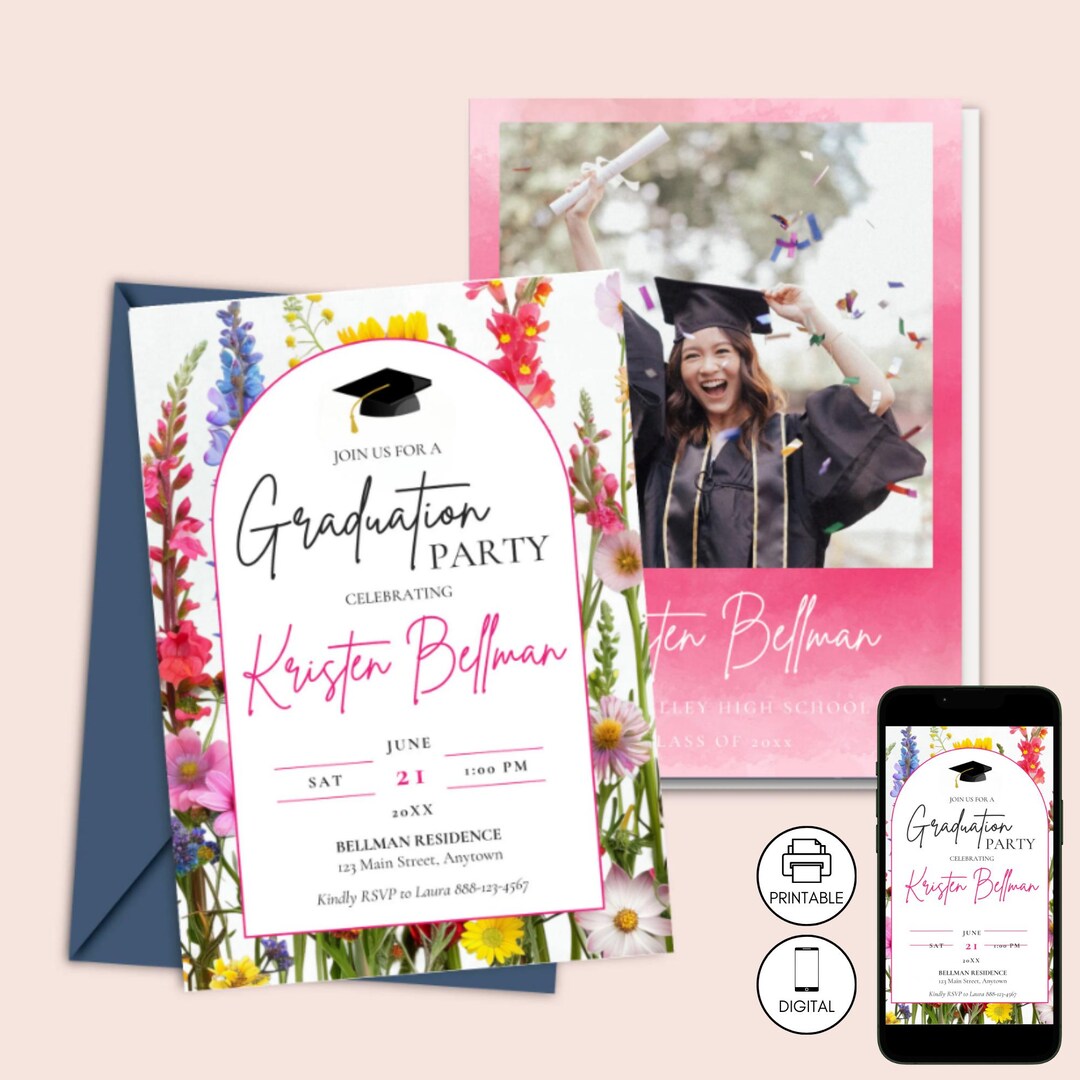 Wildflower Graduation Photo Invitation Template, Boho Floral Girls Arch ...