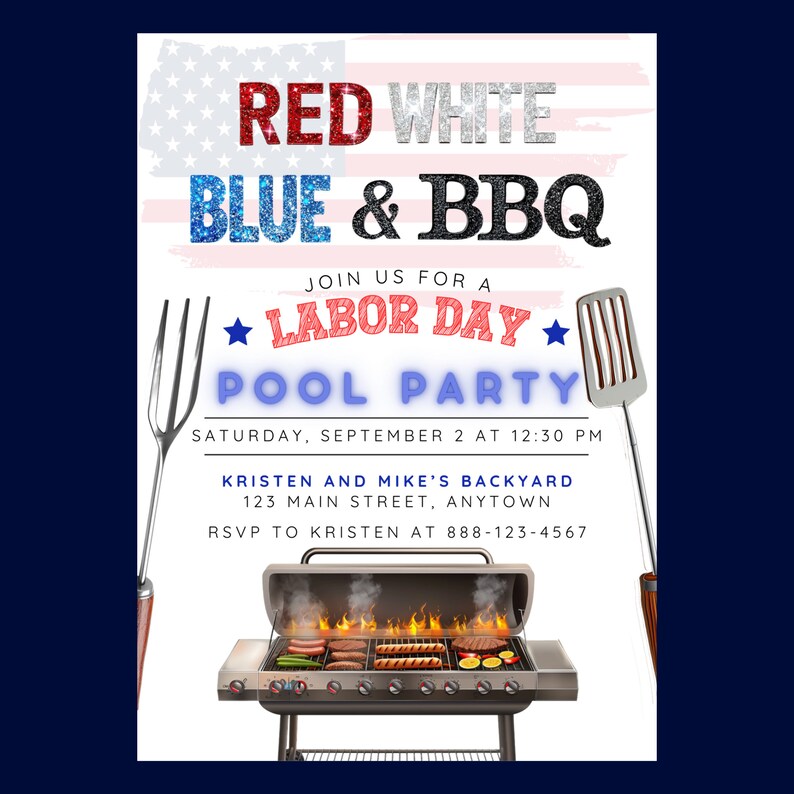 Labor Day Pool Party Glitter Invitation, Patriotic Red White Blue Labor ...