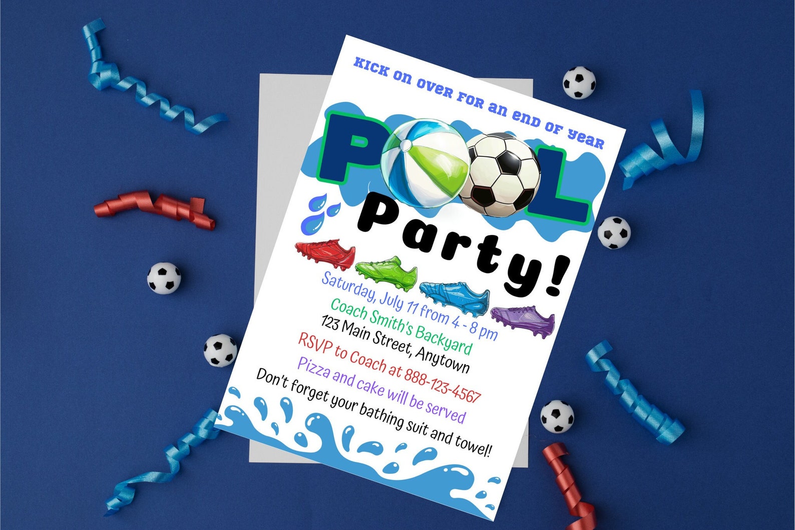 End of Season Soccer Team Pool Party Invitation Template, BBQ ...