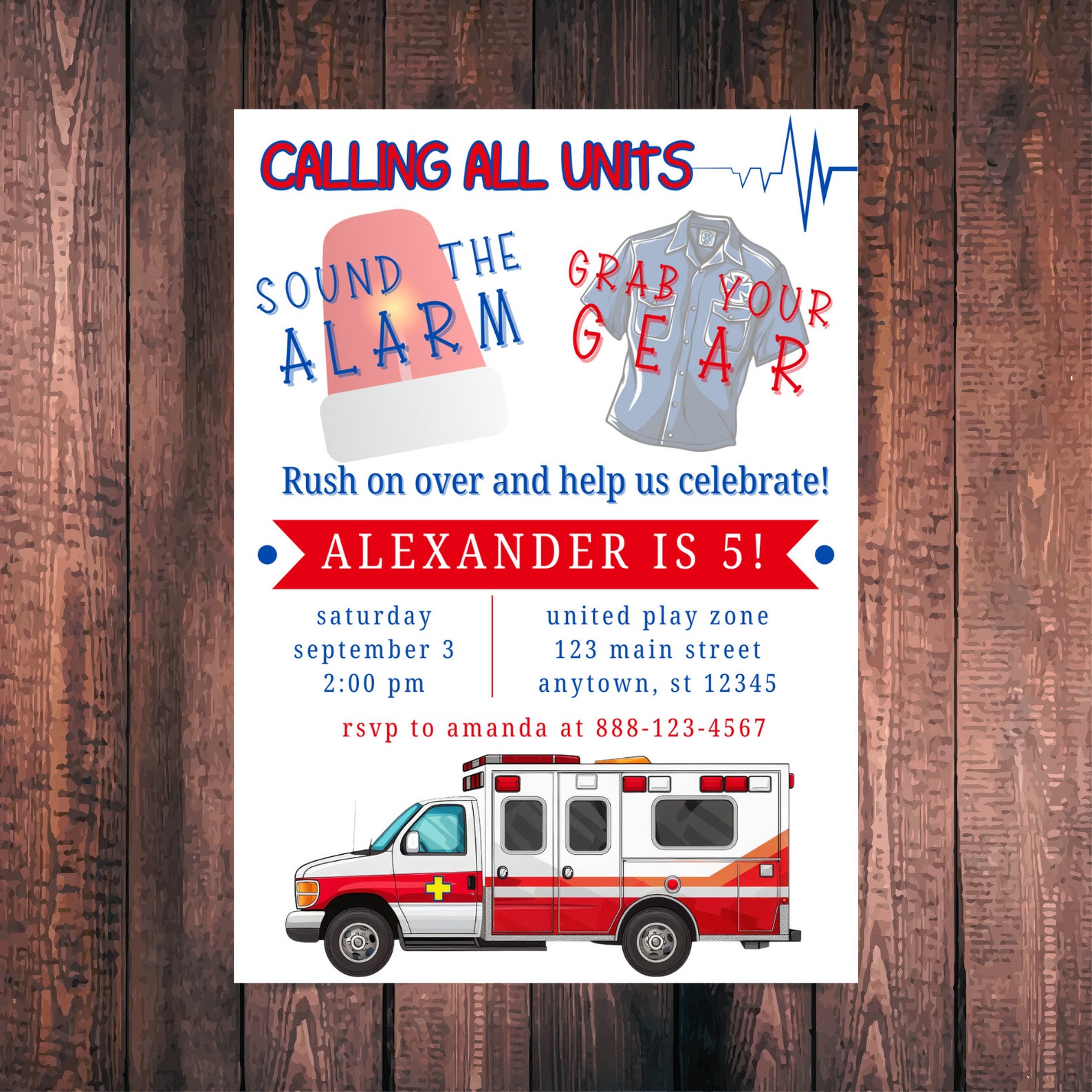 First Responders Birthday Party Invitation Template, EMT Ambulance ...