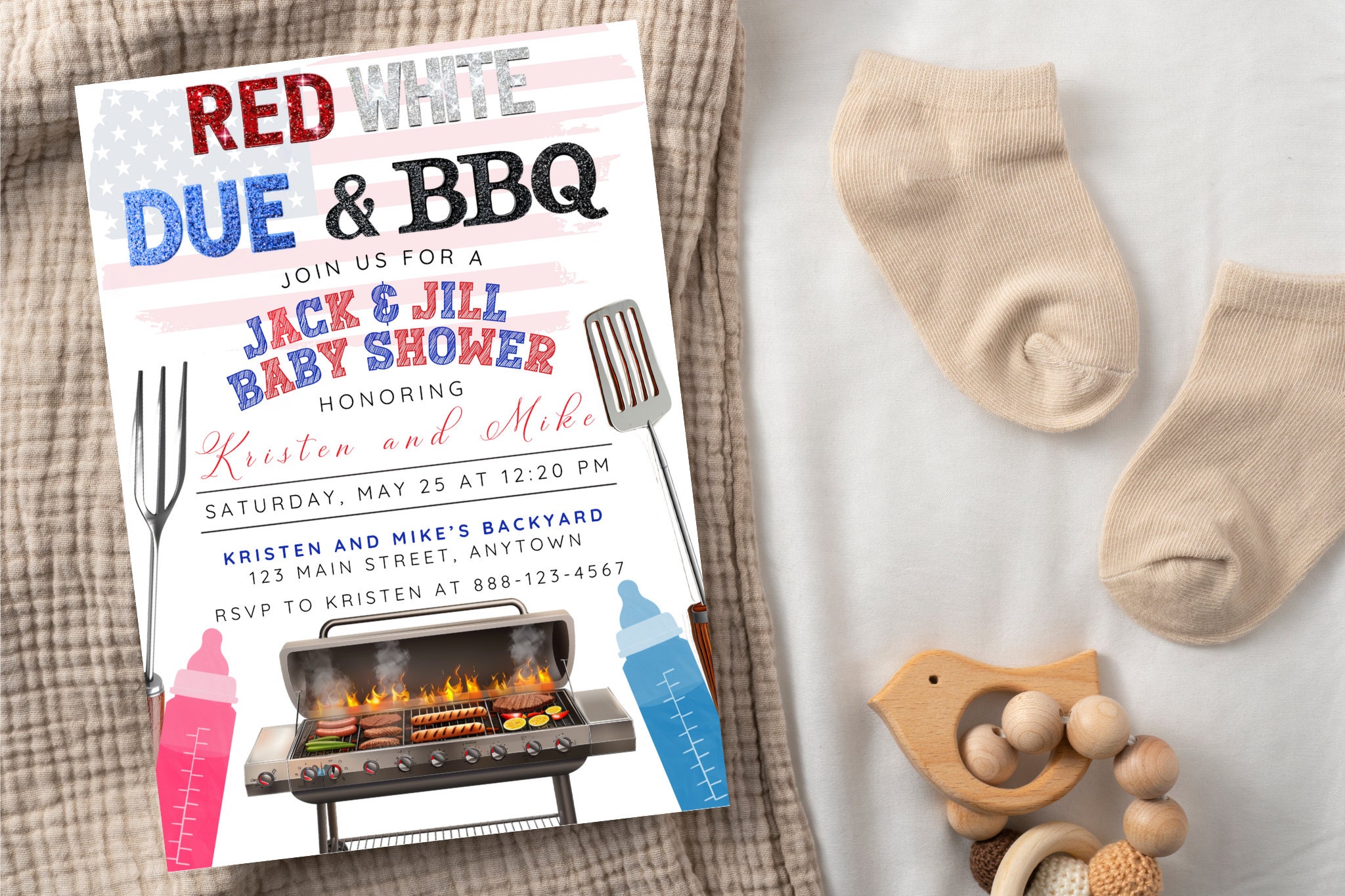 Red White & Due Jack and Jill Baby Shower Invitation, 4th of July Coed ...