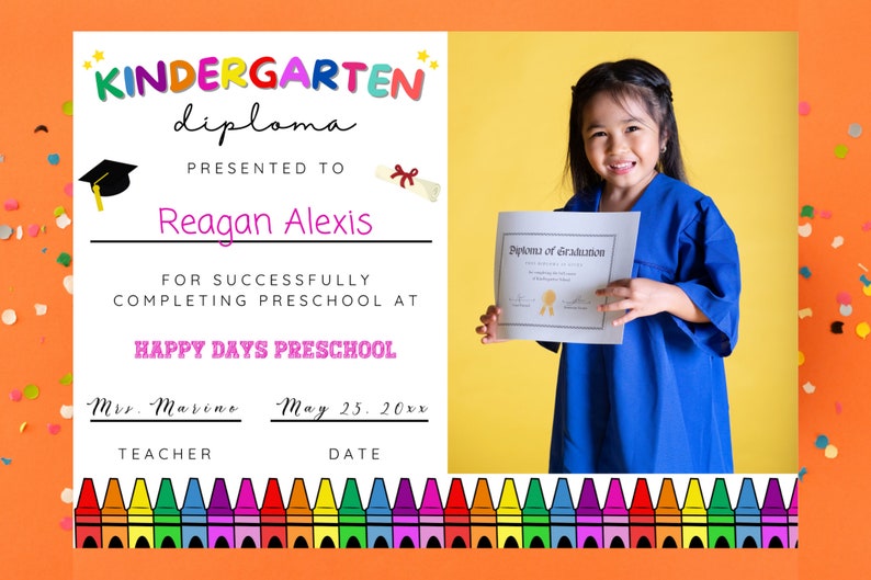 Kindergarten Graduation Diploma Photo Certificate, Editable Teacher ...